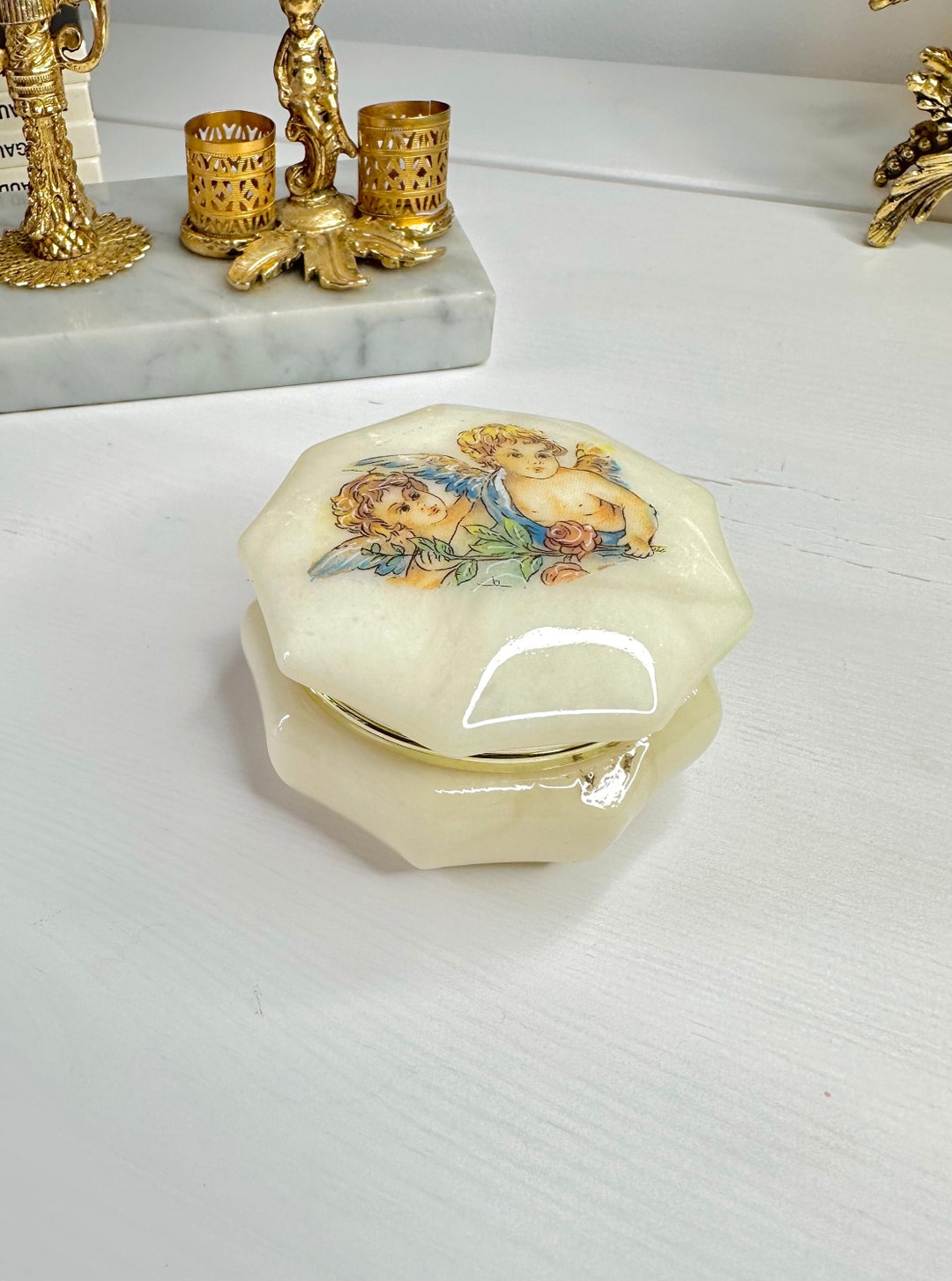 Vintage Polished Ivory Alabaster Stone Jewelry Box With Cherib Angels ...