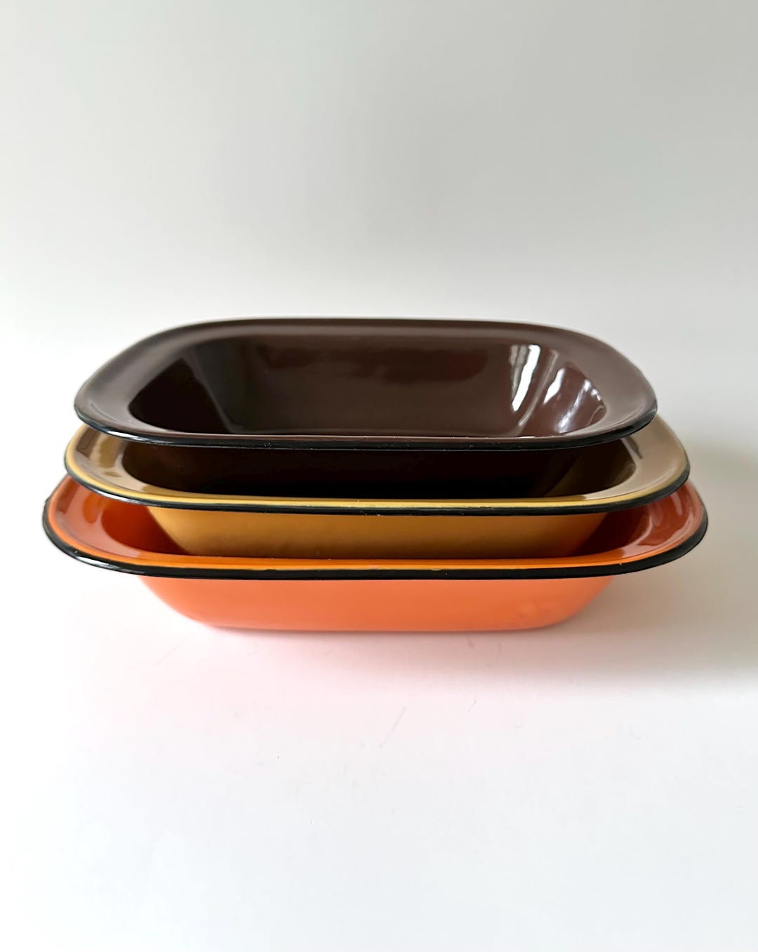 Set of 3 Rectangle Enamel Nesting Bowls | Orange, Yellow and Brown ...