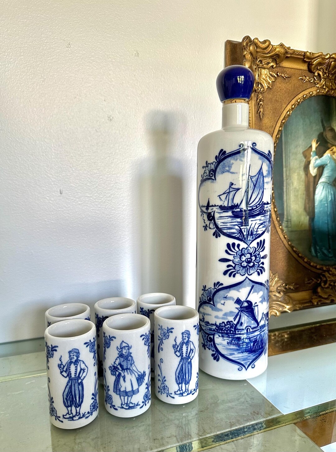 Vintage 1976 Dutch Delft Blue and White Ceramic Decanter With 6 Cups ...