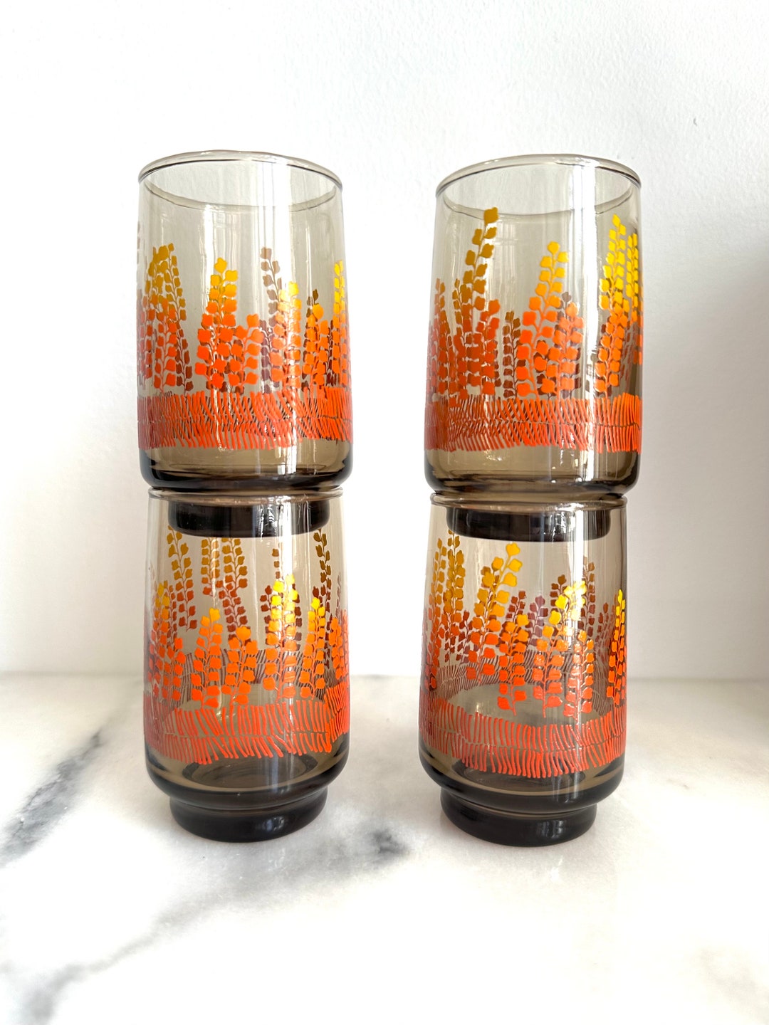 MCM Libbey Tawny Smoke Brown Tumblers With Orange and Yellow Floral ...