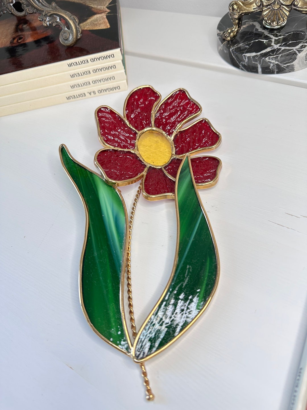 Vintage Stained Glass Red Flower | Vintage Home Decor - Etsy