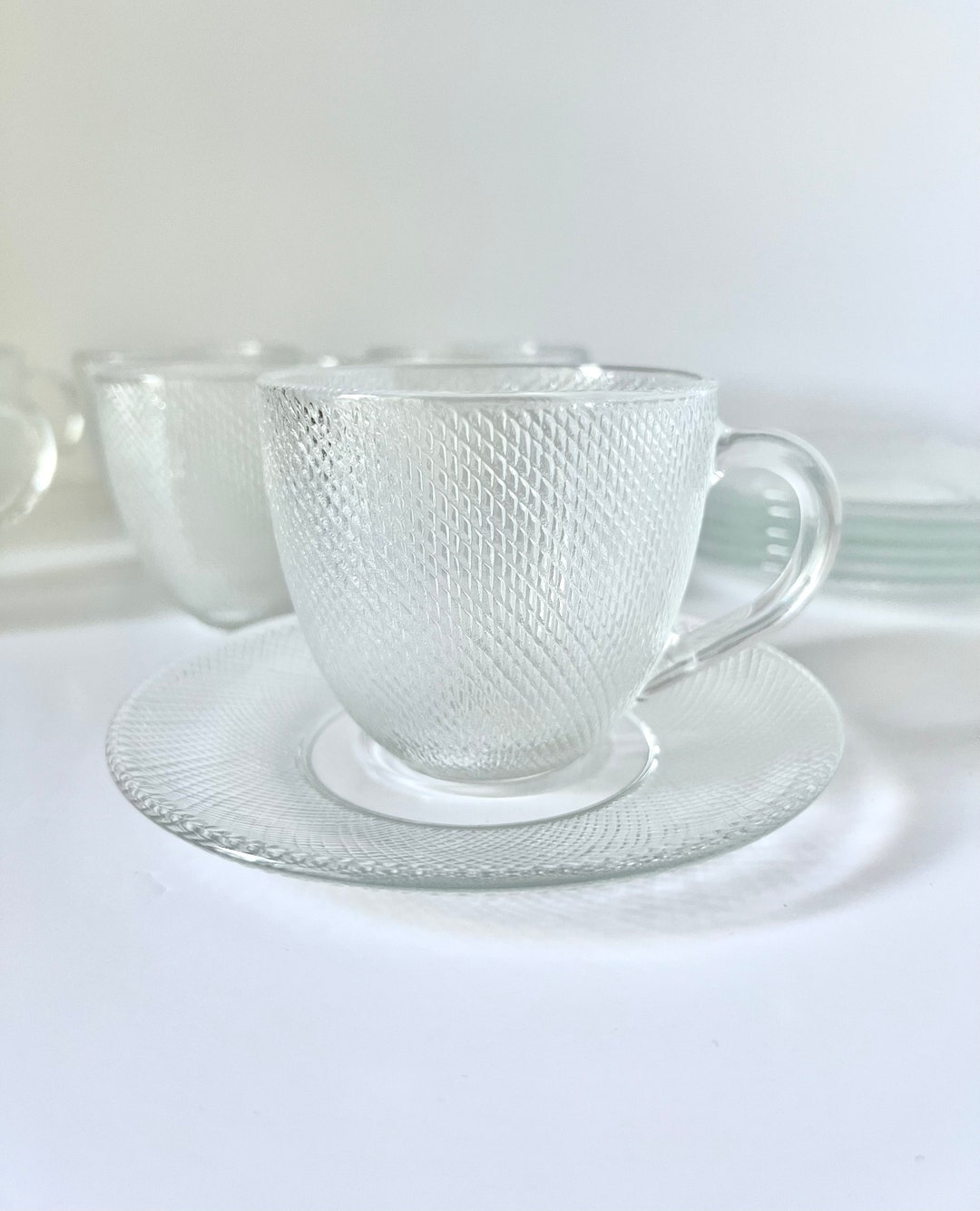Vintage Arcoroc France Set of 6 Cups and 6 Saucers, Diamond Pattern ...