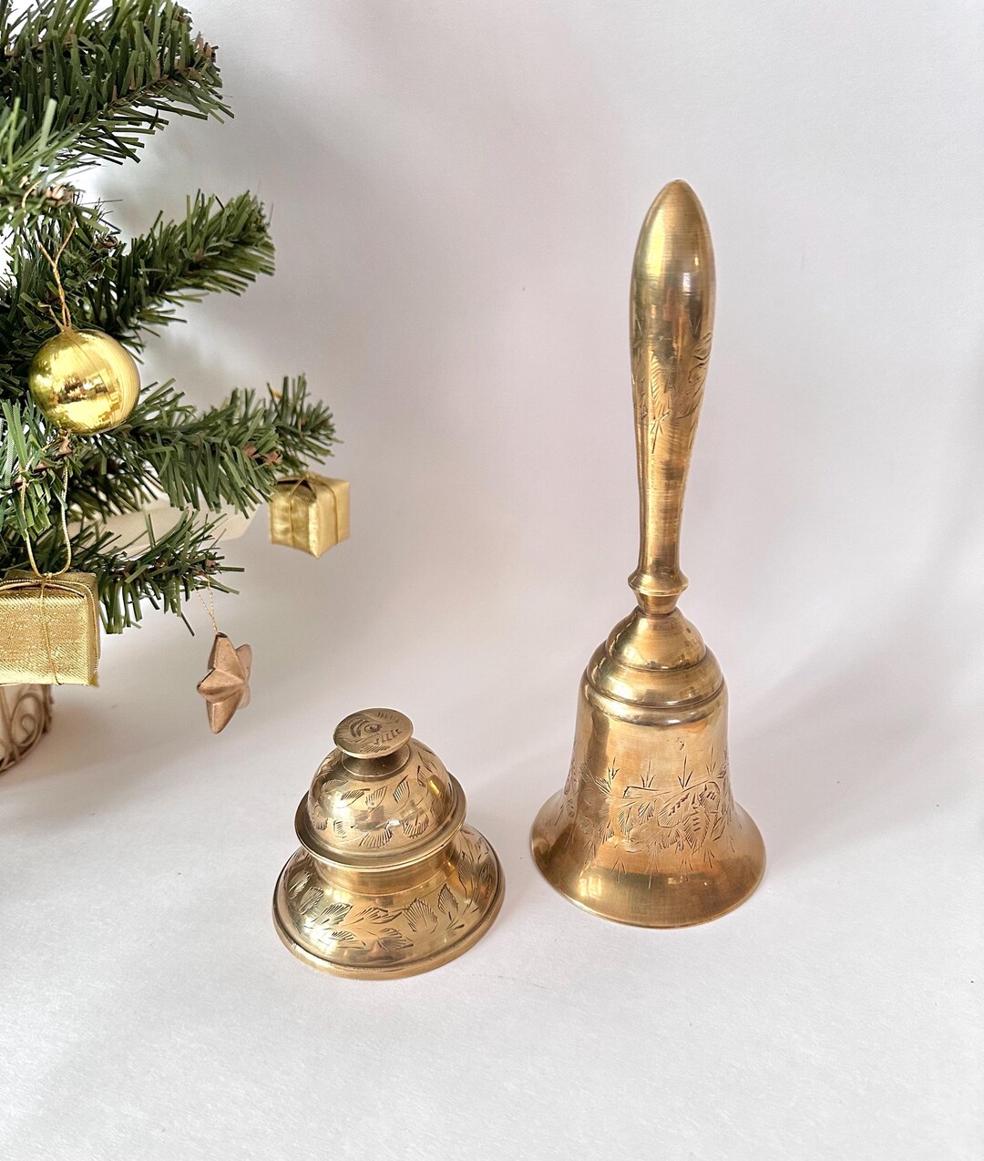Vintage Set of Engraved Solid Brass Bells | Brass Claw Bell With Holder ...