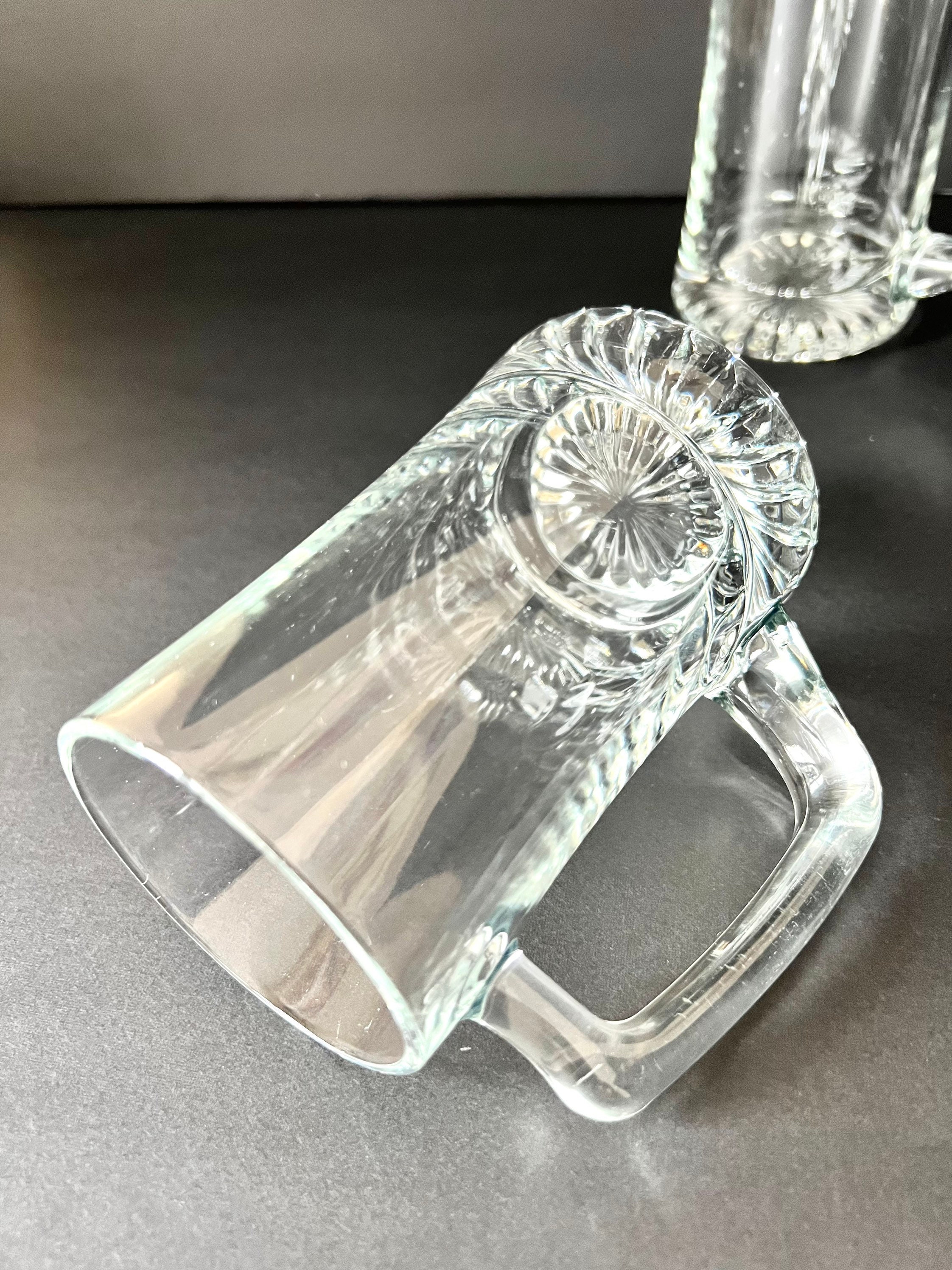 Vintage Clear Glass Beer Mugs With Handle Vintage Barware Beer Etched Glass Mugs Made In France