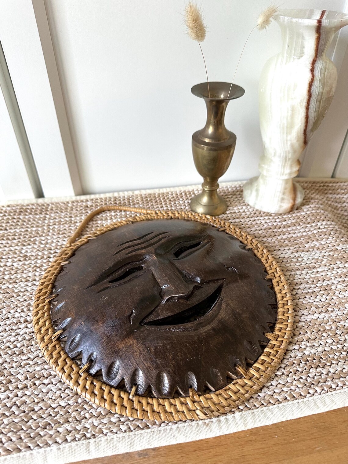 Mid Century Modern Wooden Smiling Sun Face Mask | Abstract Sun Face ...