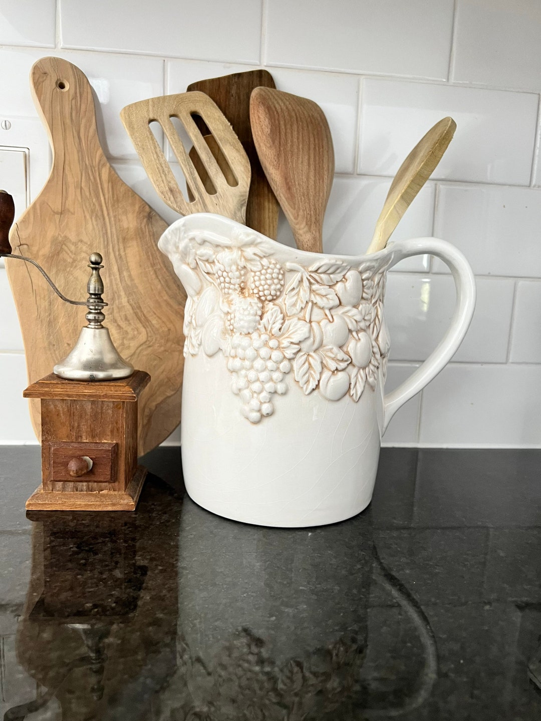 Vintage Large Ceramic Pitcher With Fruits Pattern Vintage Boho Kitchen ...