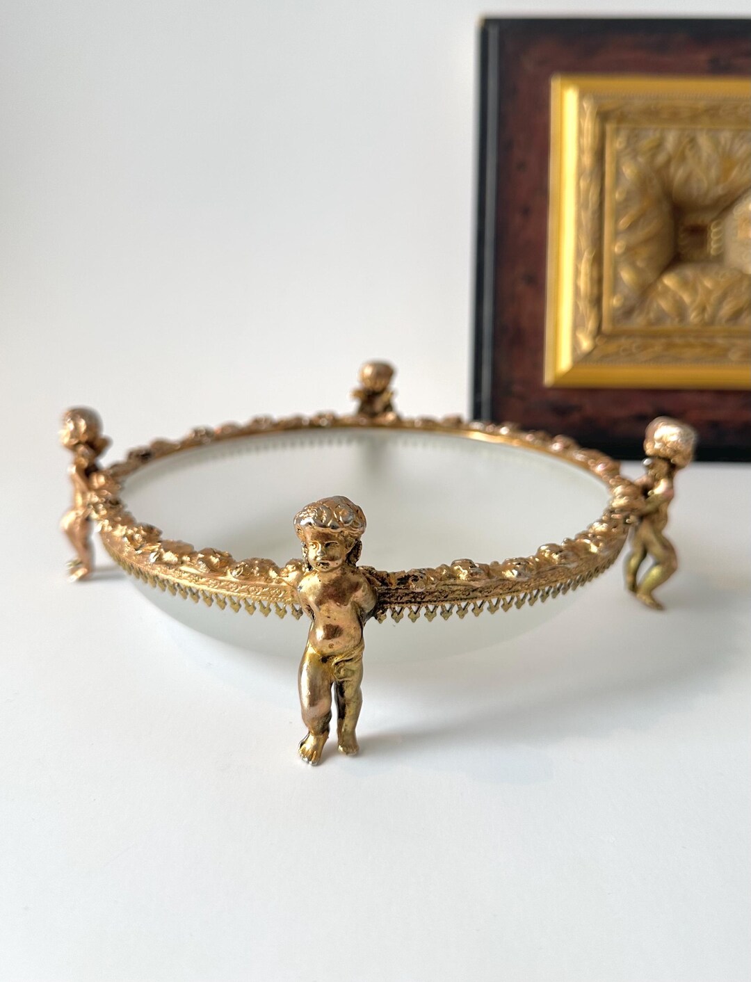 Vintage Italian Frosted Glass Bowl With Brass Cherub Angels Stands ...
