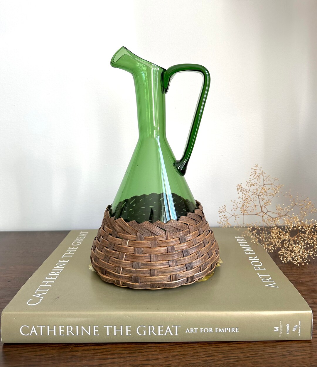 Vintage Italian Mid Century Modern Green Glass Wine Jug With Wicker ...
