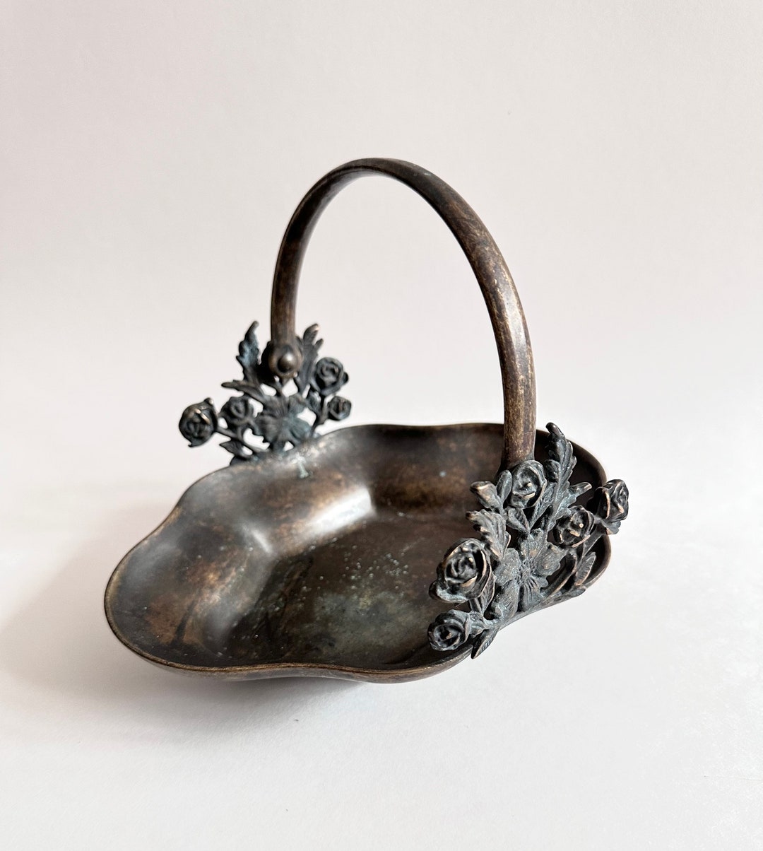 Vintage Italian Harrogate Bronze Baroque Basket With Handle and Flowers ...