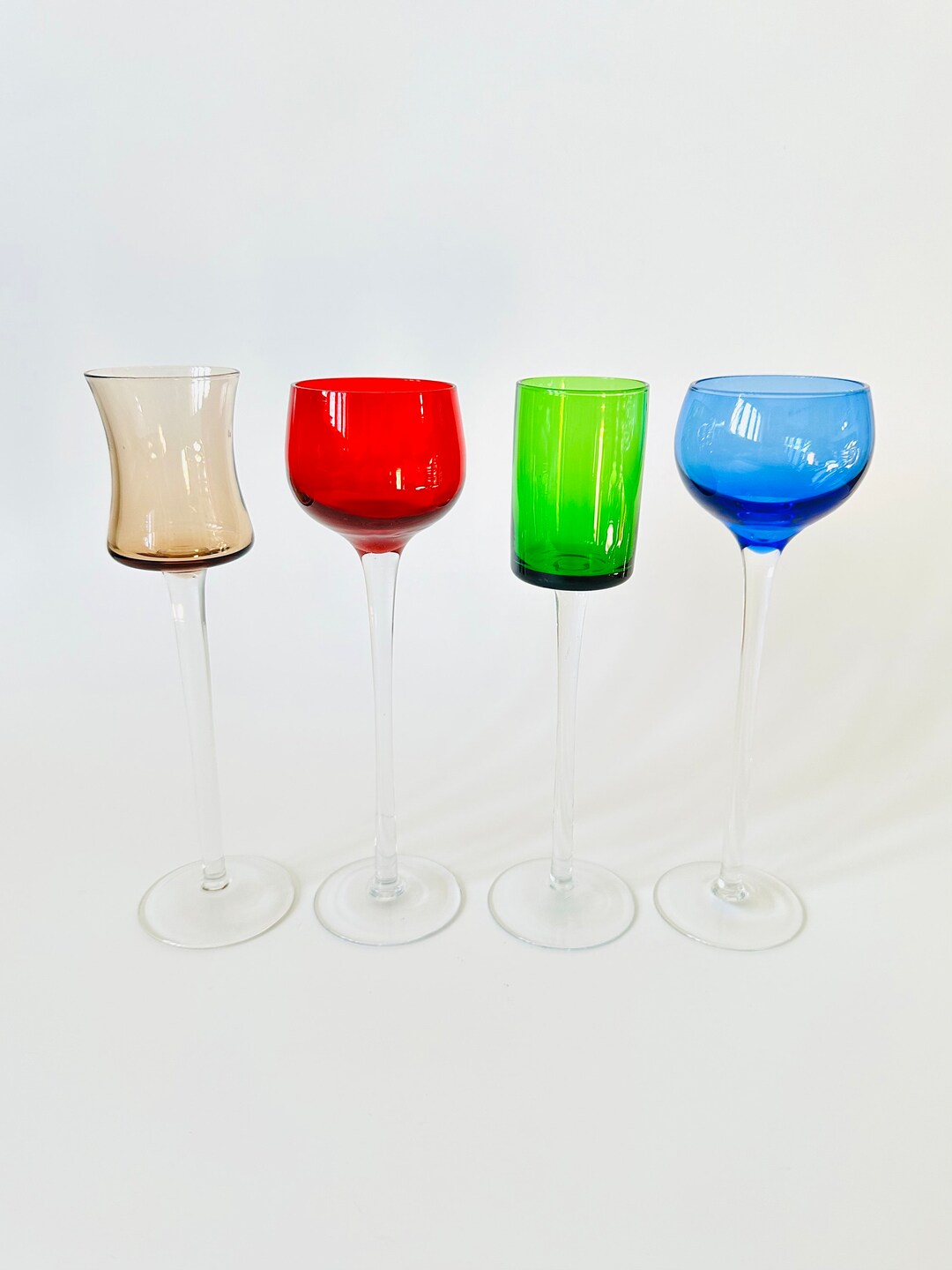 Vintage Set of 4 Multicolored Long Stemmed Liqueur Glasses Stemware ...