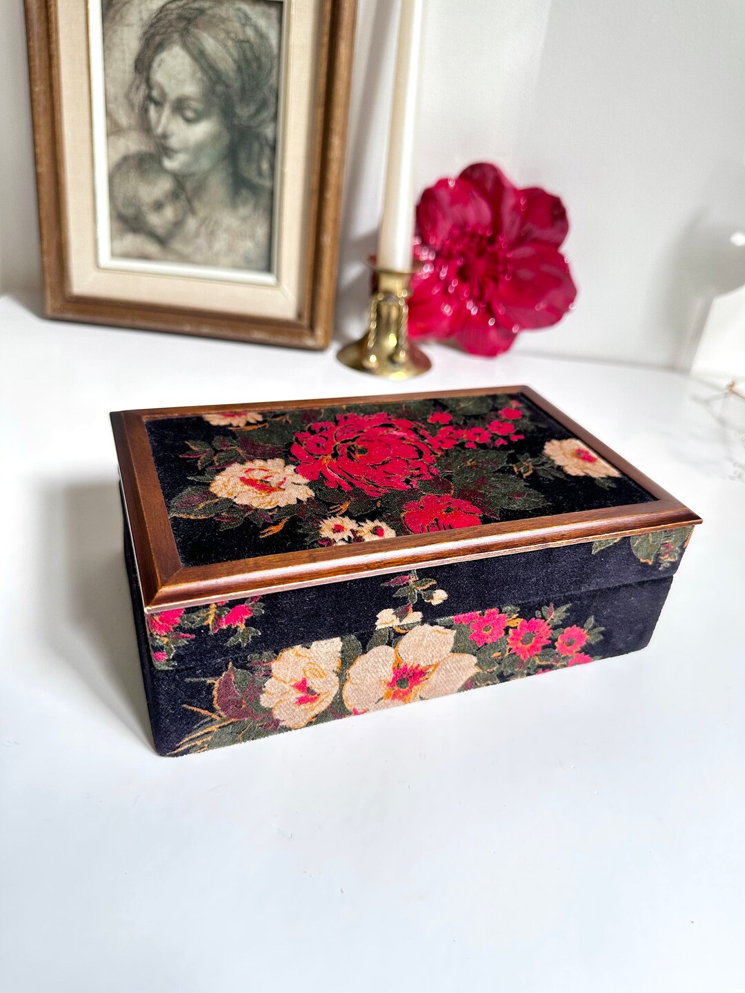 Antique Victorian Velvet Vanity Jewelry Box With Red Floral Design ...