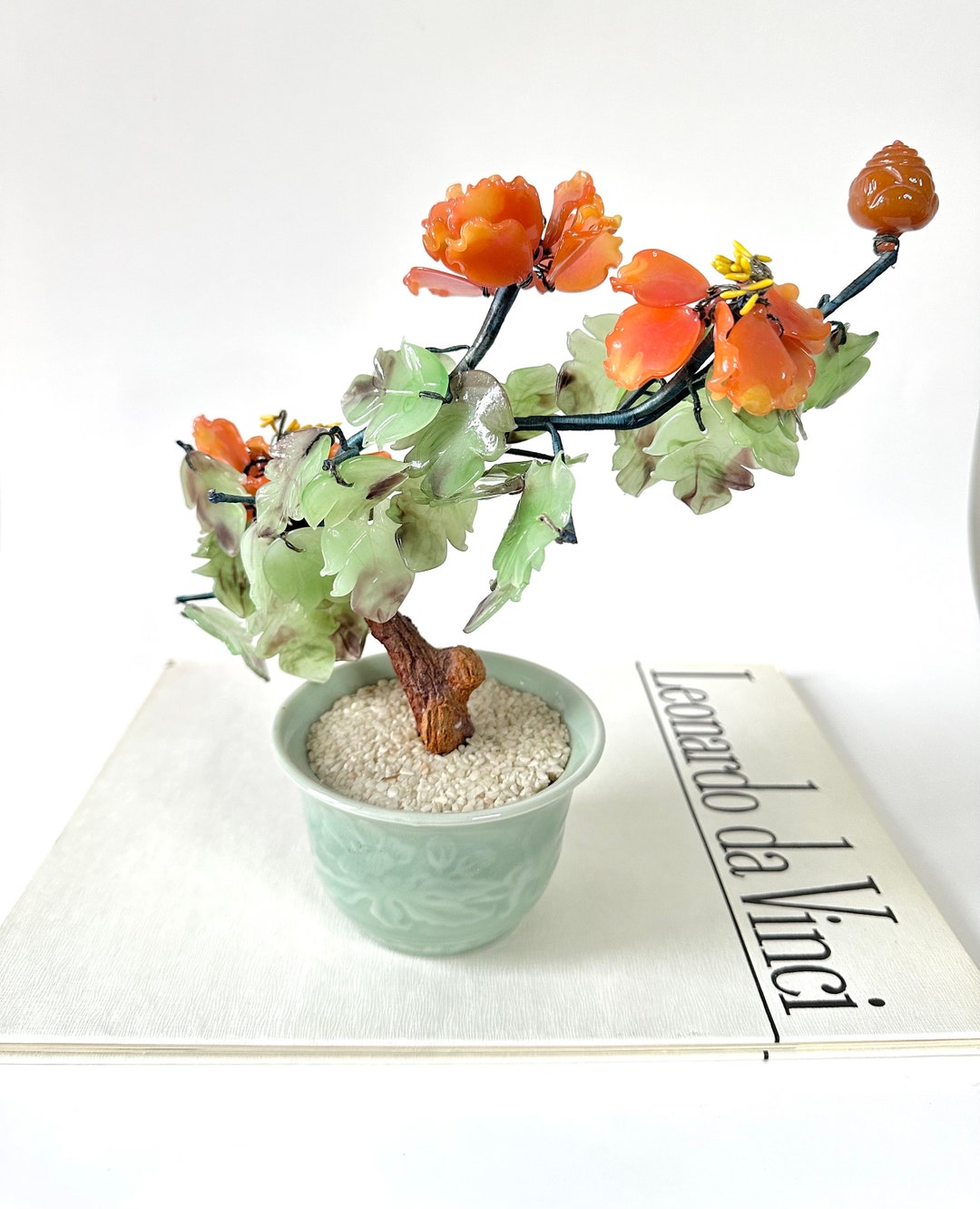 Vintage Glass Bonsai Tree | Chinese Glass Jade Tree | Orange Flower ...