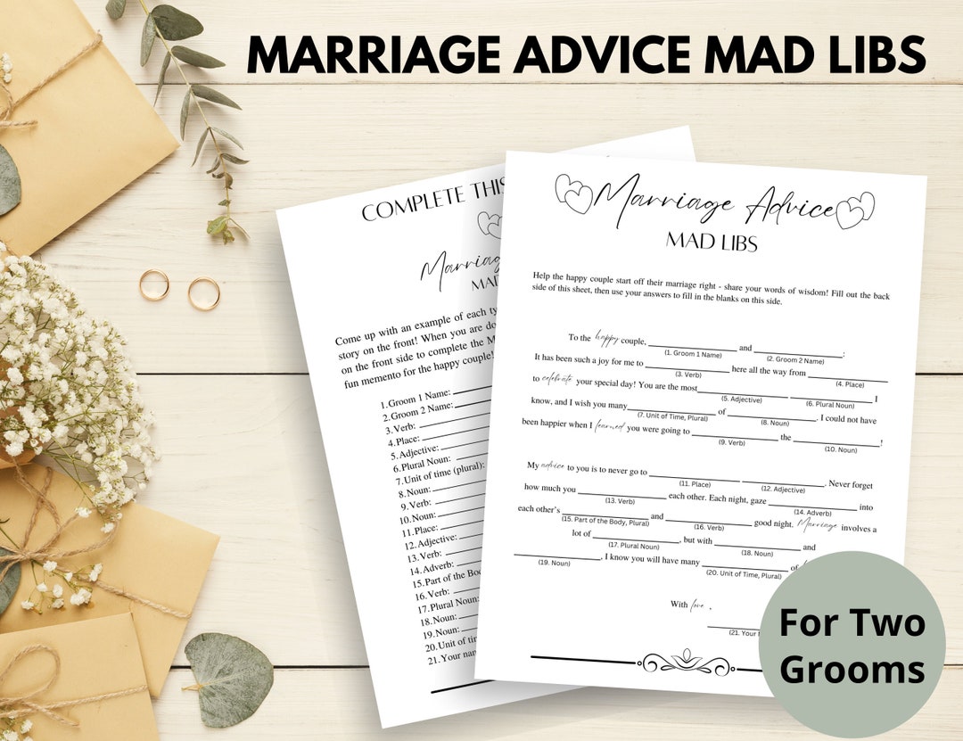 Marriage Advice Mad Libs for Two Grooms | Wedding Mad Libs | Gay ...