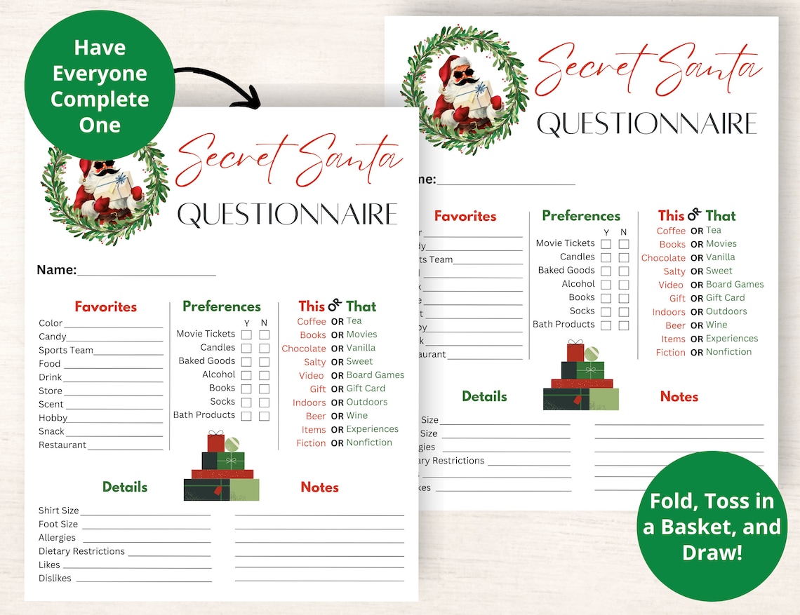 Secret Santa Questionnaire Printable Christmas Gift Ideas - Etsy