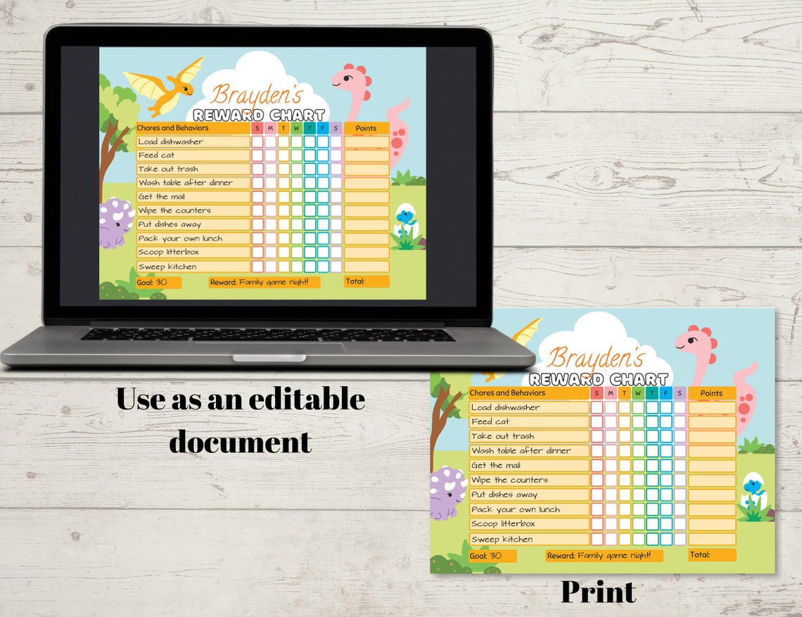 Reward Chart With Dinosaur Theme Editable Chore Chart for - Etsy