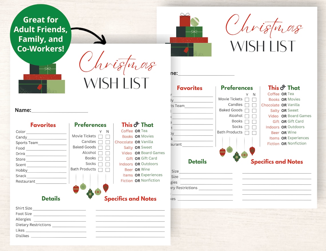 Adult Christmas Wish List Printable Questionnaire | Christmas Gift ...