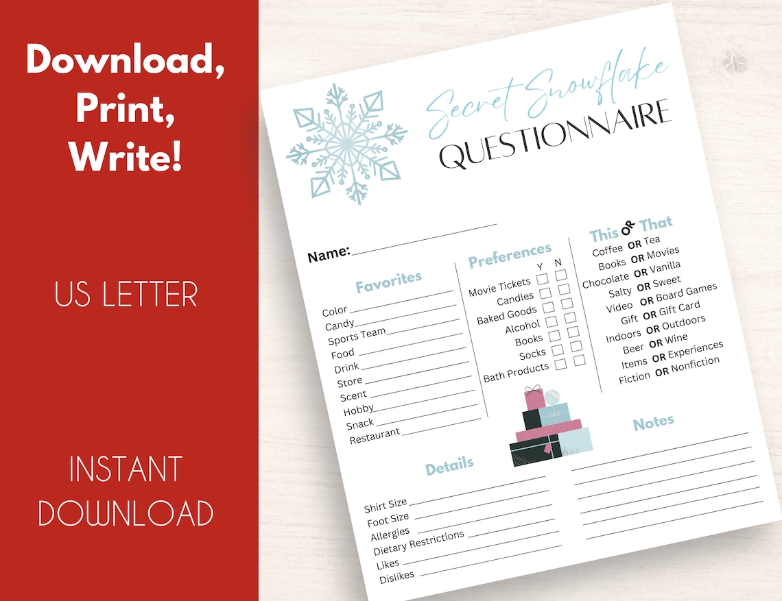 Secret Snowflake Questionnaire Printable | Secret Santa Christmas Gift ...