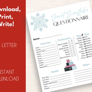 Secret Snowflake Questionnaire Printable | Secret Santa Christmas Gift ...