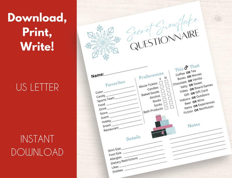 Secret Snowflake Questionnaire Printable | Secret Santa Christmas Gift ...