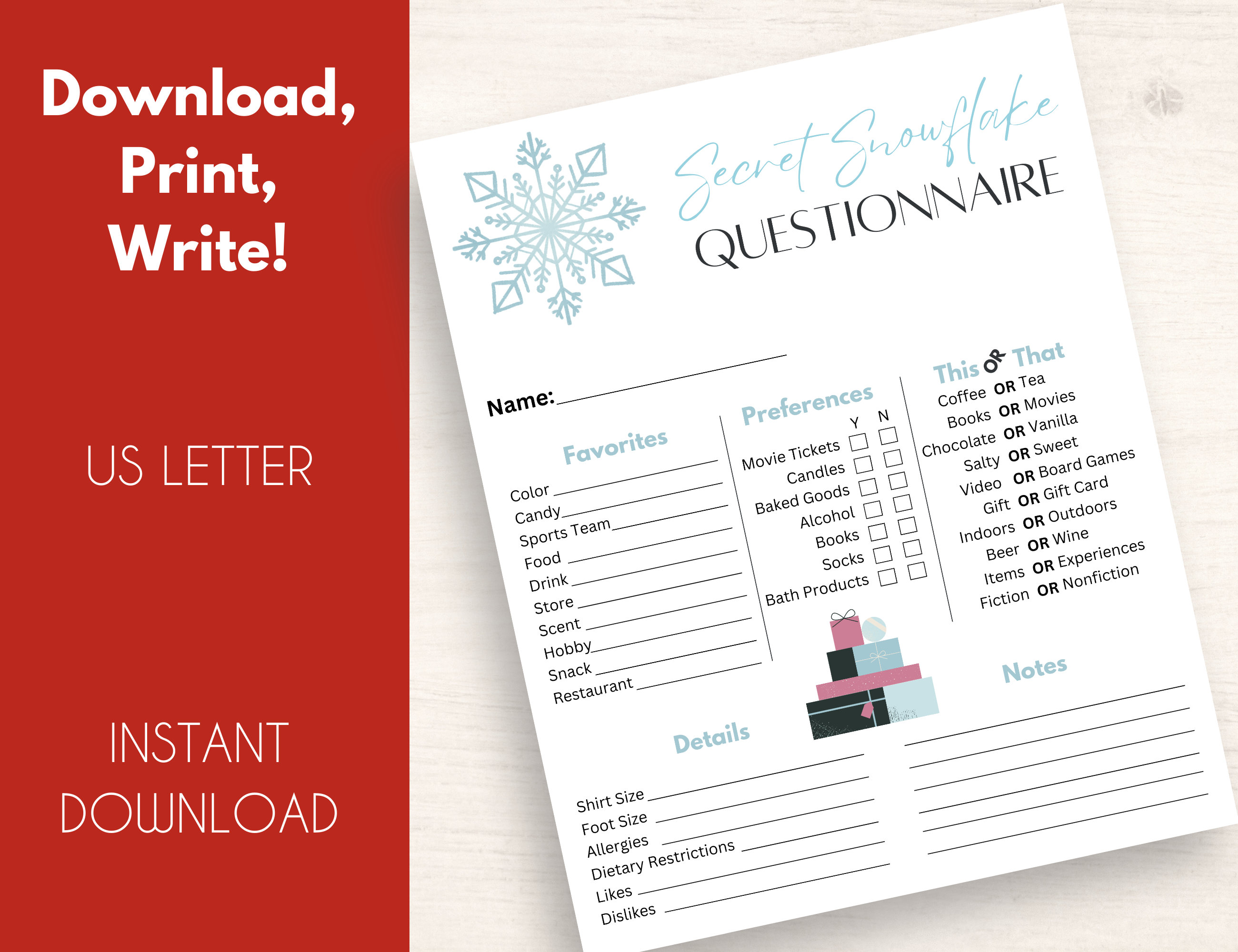 Secret Snowflake Questionnaire Printable | Secret Santa Christmas Gift ...
