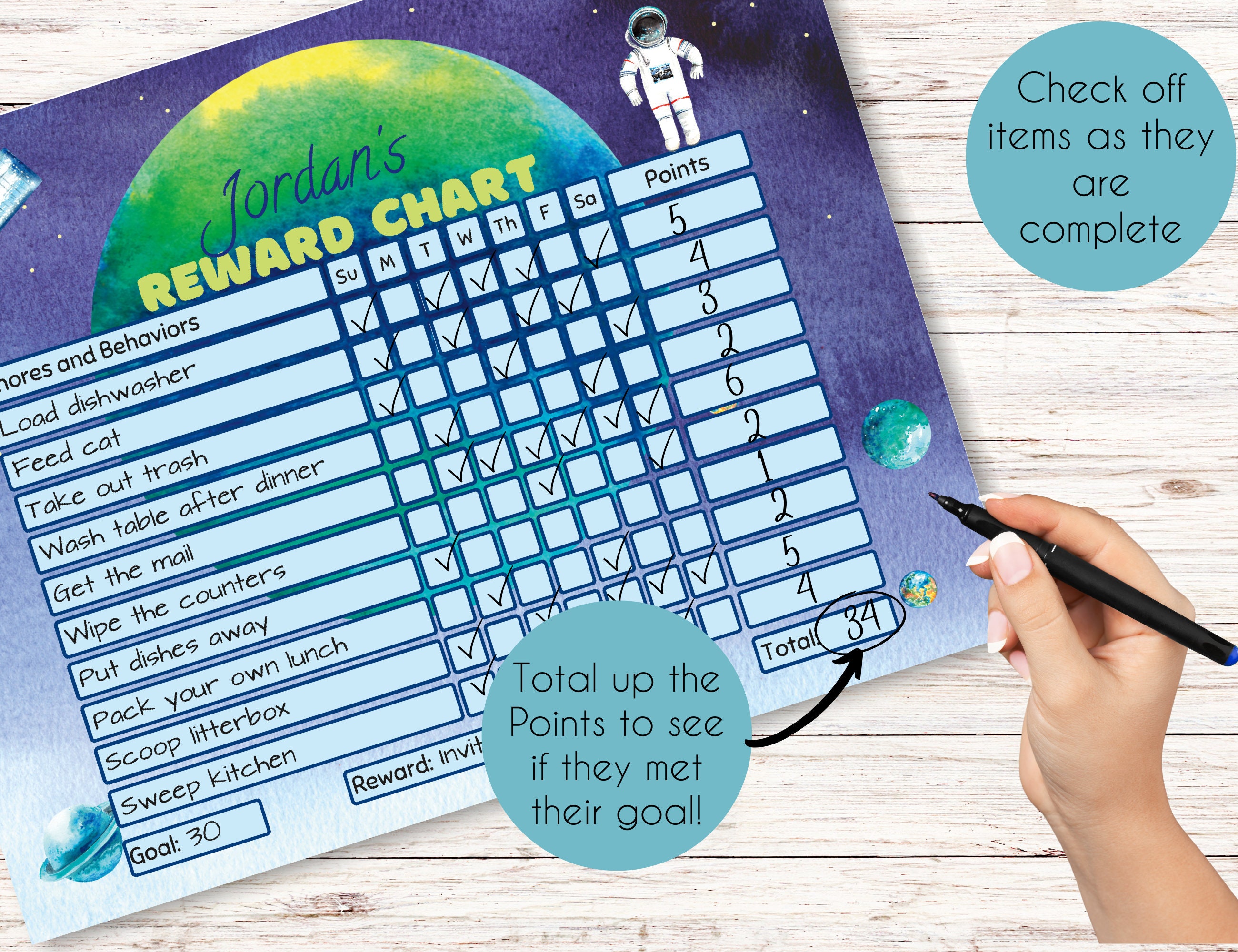 Reward Chart With Space Astronaut Theme Editable Chore Chart for Kids ...