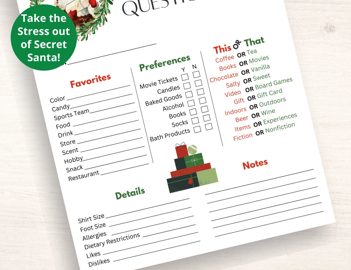 Secret Santa Questionnaire Printable Christmas Gift Ideas - Etsy