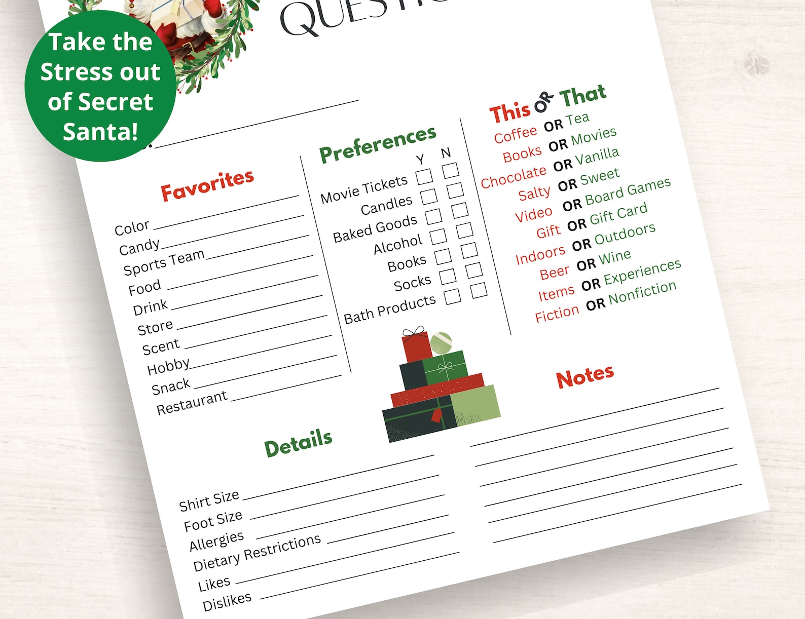 Secret Santa Questionnaire Printable Christmas Gift Ideas - Etsy