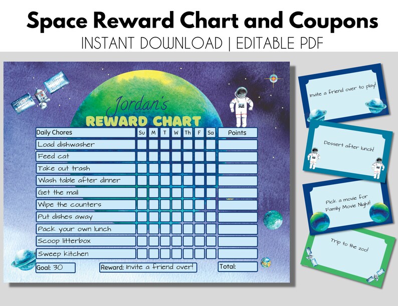 Reward Chart With Space Astronaut Theme | Editable Chore Chart for Kids ...