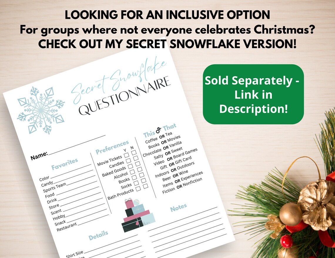Secret Santa Questionnaire Printable Christmas Gift Ideas - Etsy