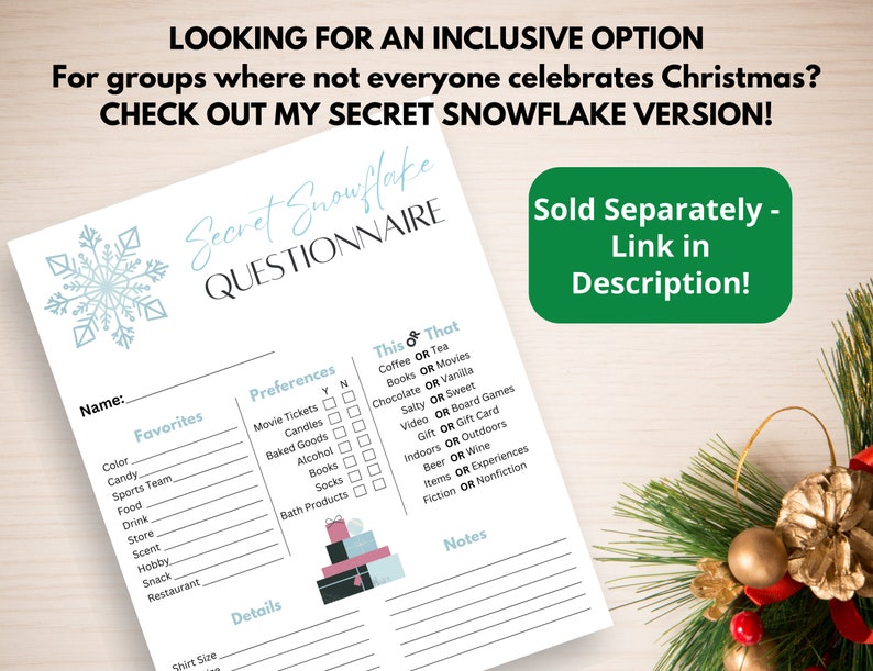 Secret Santa Questionnaire Printable Christmas Gift Ideas - Etsy