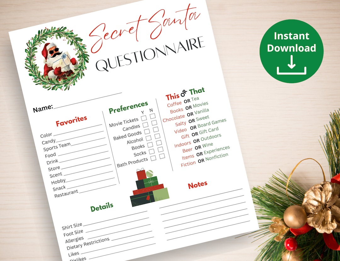 Secret Santa Questionnaire Printable | Christmas Gift Ideas for ...