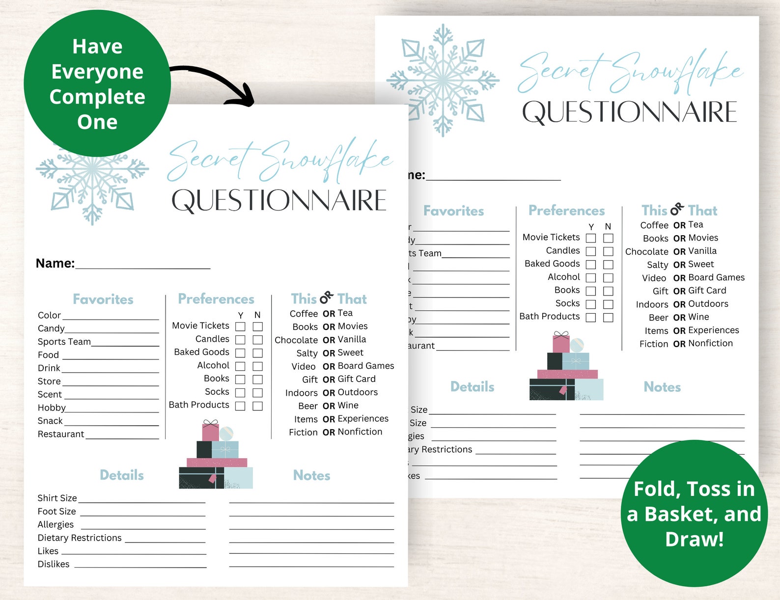 Secret Snowflake Questionnaire Printable | Secret Santa Christmas Gift ...