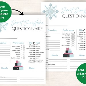 Secret Snowflake Questionnaire Printable | Secret Santa Christmas Gift ...