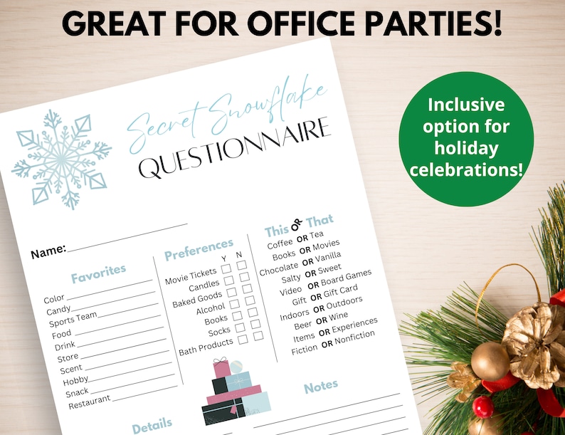 Secret Snowflake Questionnaire Printable | Secret Santa Christmas Gift ...