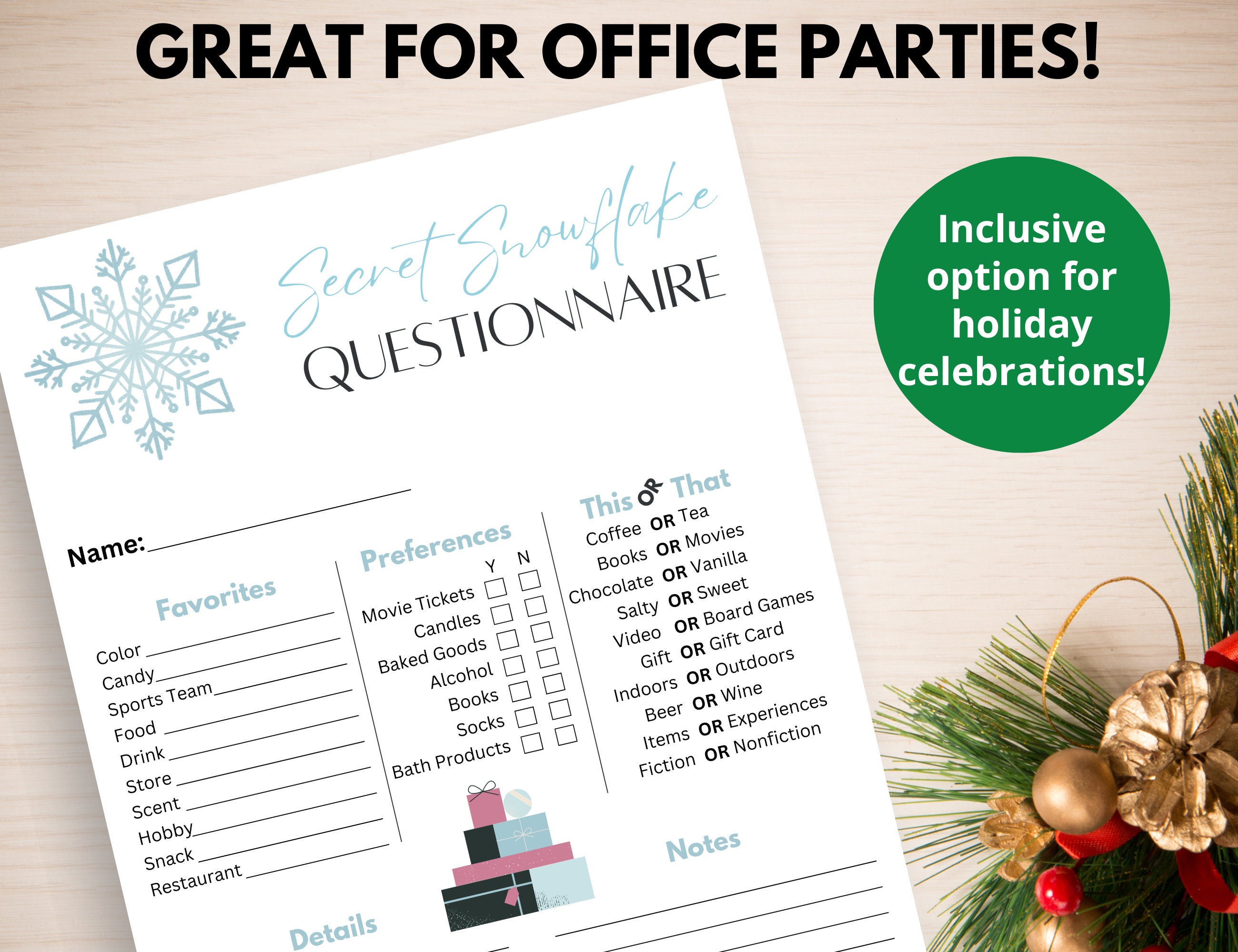 Secret Snowflake Questionnaire Printable | Secret Santa Christmas Gift ...