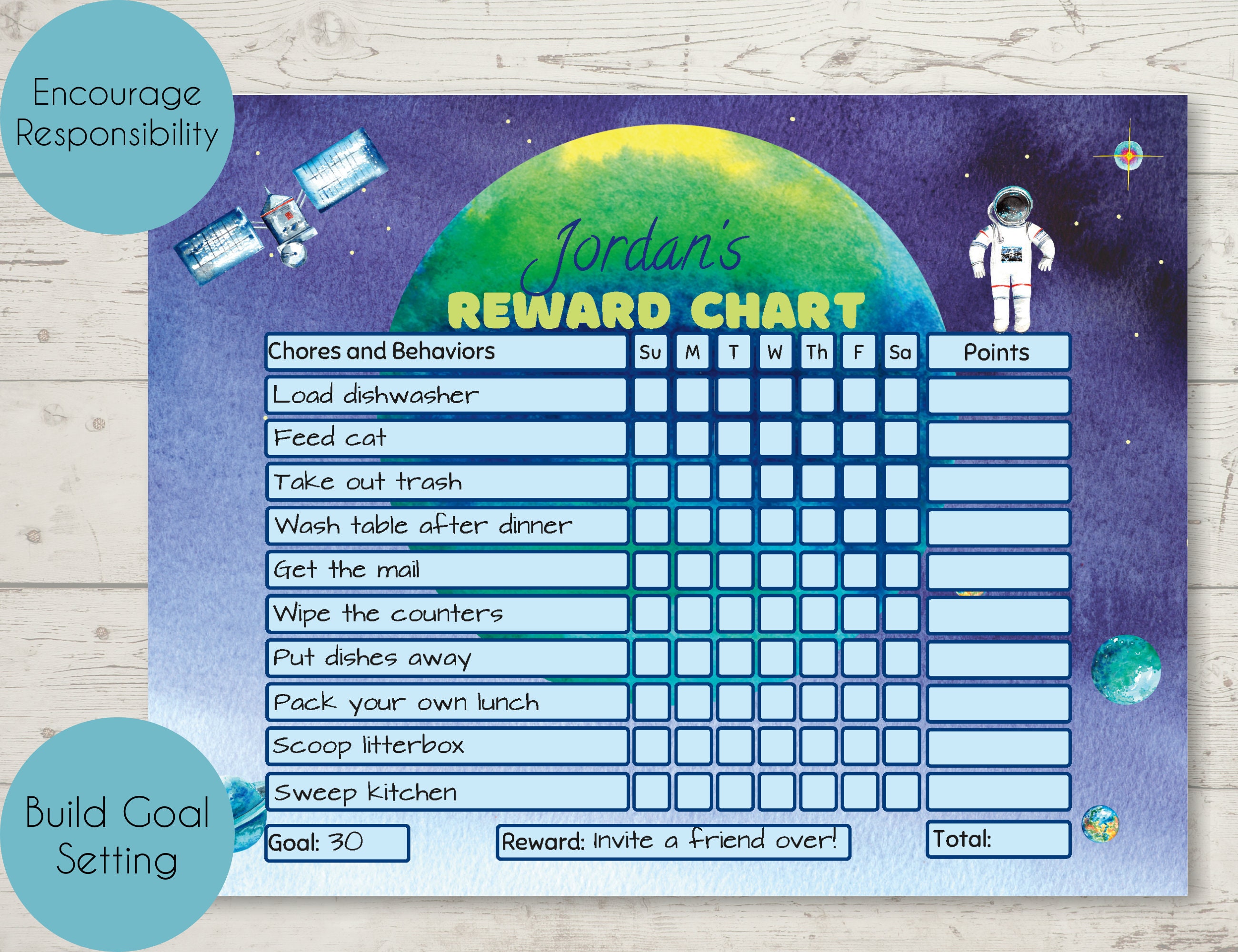 Reward Chart With Space Astronaut Theme Editable Chore Chart for Kids ...