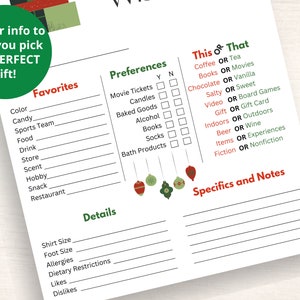 Adult Christmas Wish List Printable Questionnaire | Christmas Gift ...