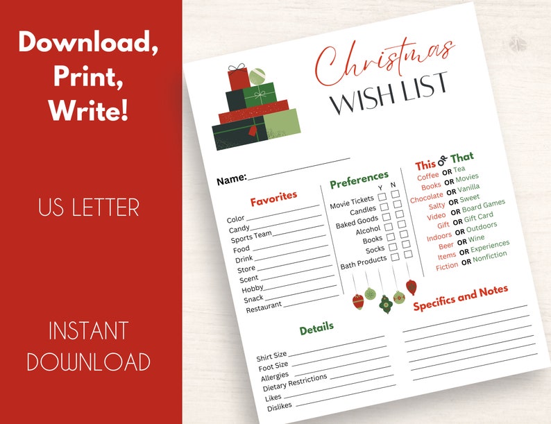 Adult Christmas Wish List Printable Questionnaire | Christmas Gift ...