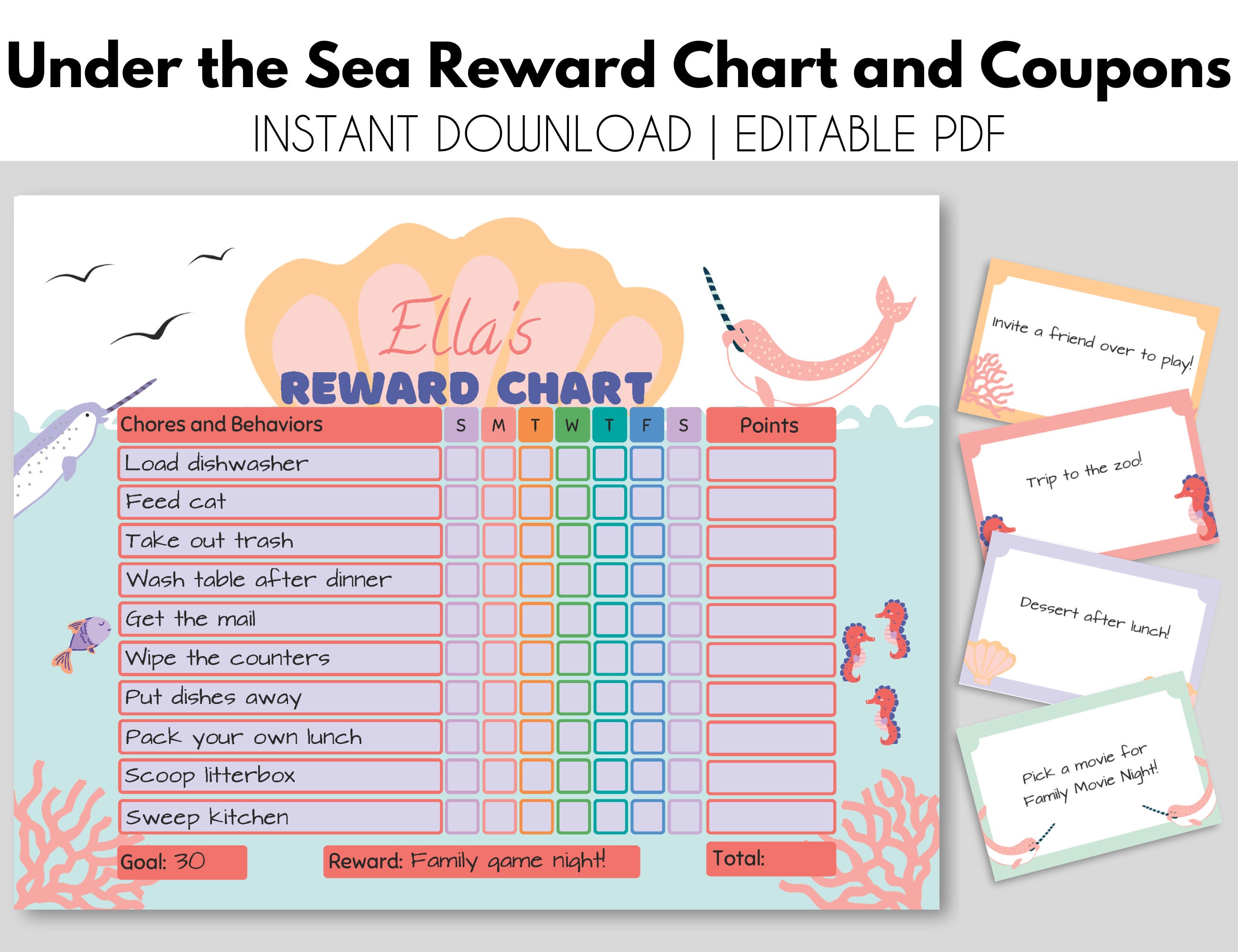 Reward Chart With Under the Sea Theme Editable Chore Chart for Kids ...