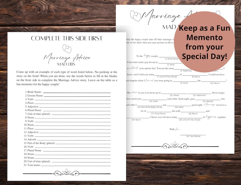 Marriage Advice Mad Libs for Wedding | Wedding Mad Libs | Printable ...