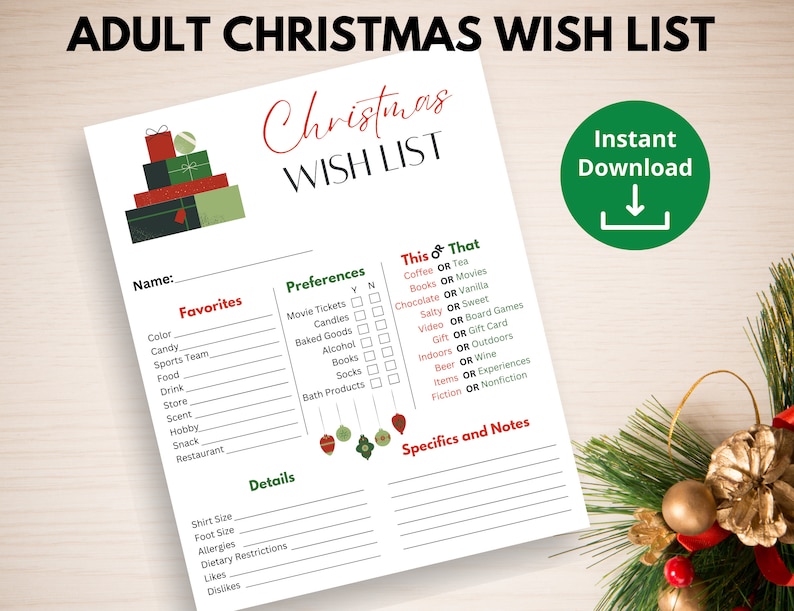 Adult Christmas Wish List Printable Questionnaire | Christmas Gift ...