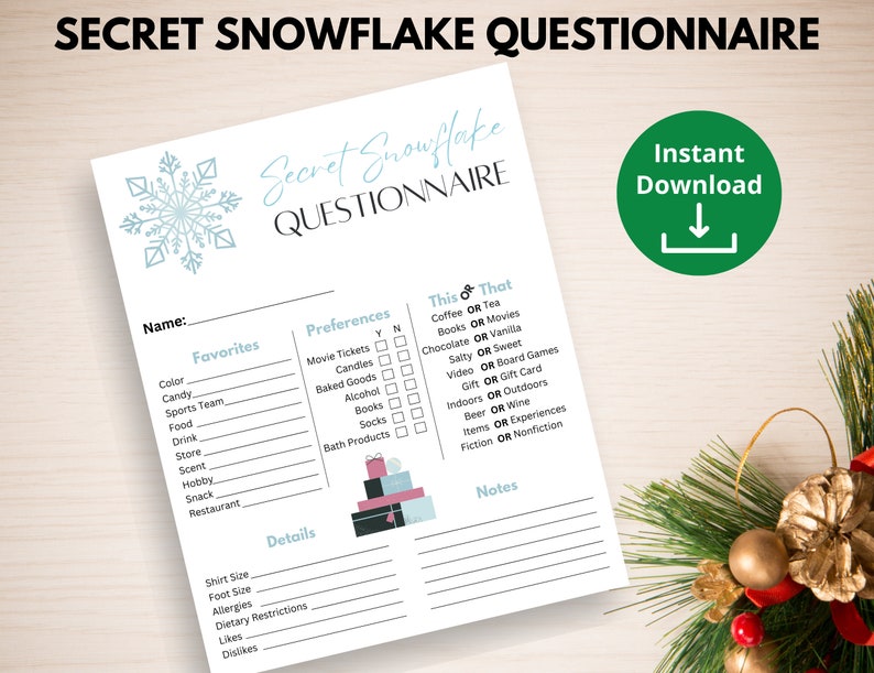 Secret Snowflake Questionnaire Printable | Secret Santa Christmas Gift ...
