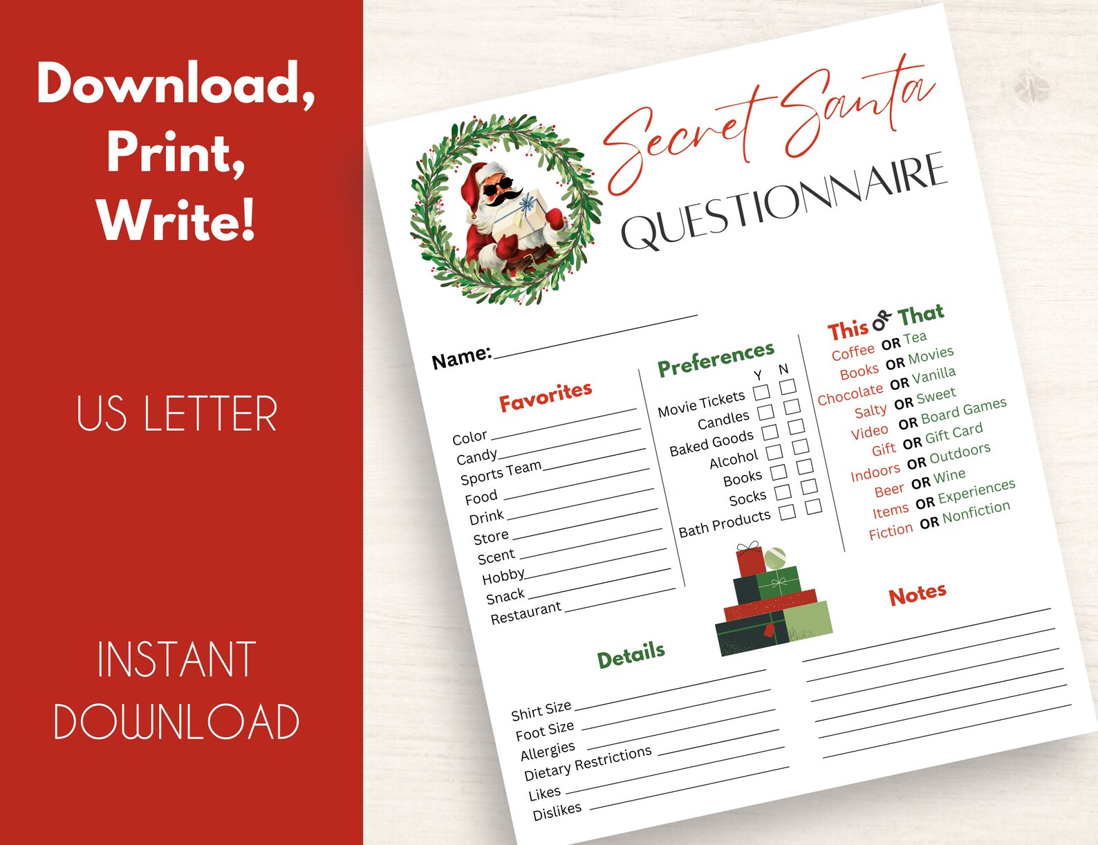 Secret Santa Questionnaire Printable | Christmas Gift Ideas for ...