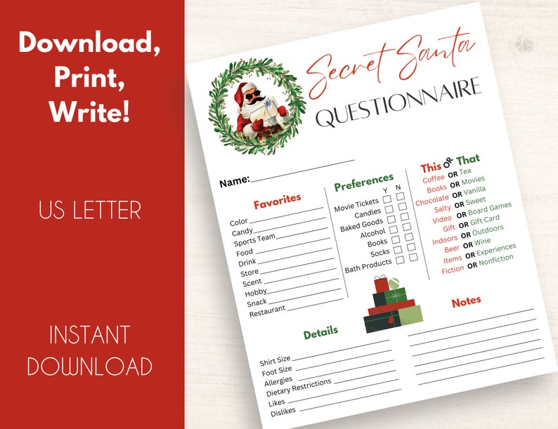 Secret Santa Questionnaire Printable Christmas Gift Ideas - Etsy