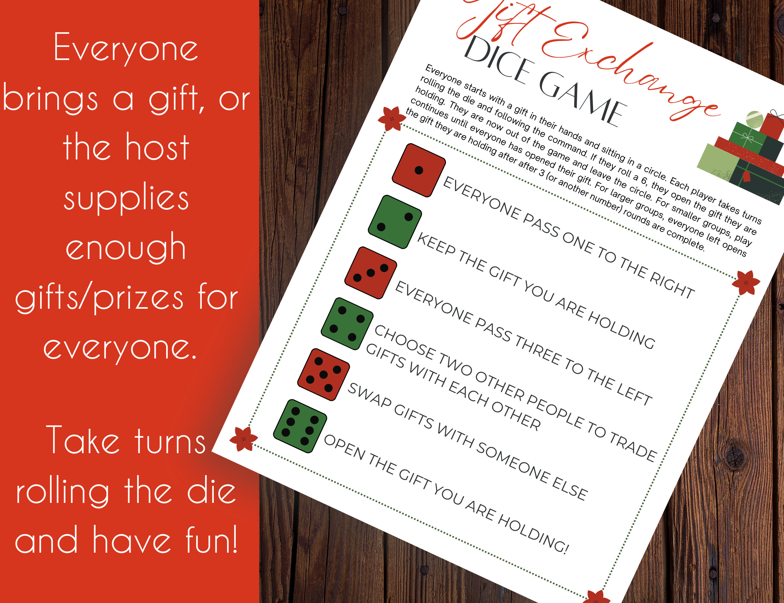 Christmas Gift Exchange Dice Game Printable White Elephant Christmas ...