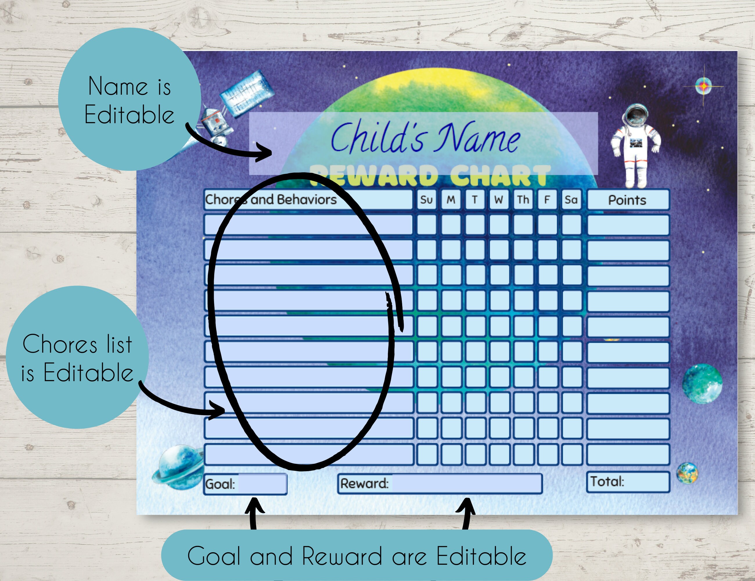 Reward Chart With Space Astronaut Theme Editable Chore Chart for Kids ...