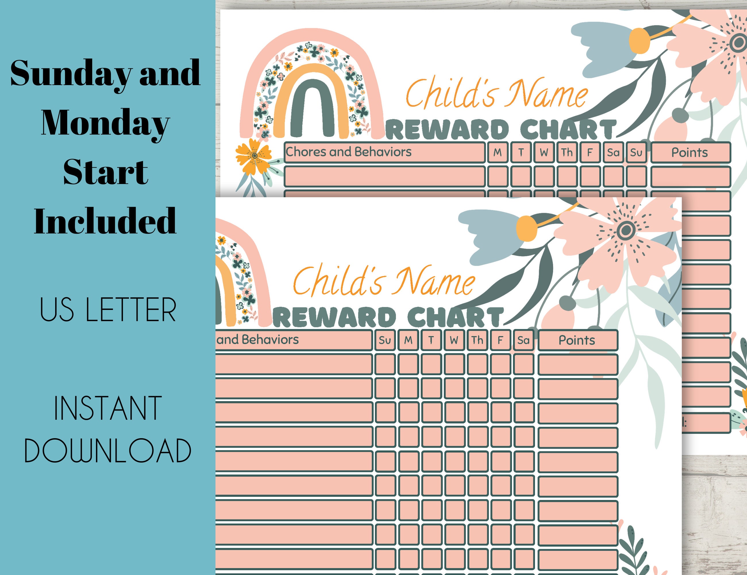 Reward Chart With Boho Rainbow Floral Theme Editable Chore - Etsy