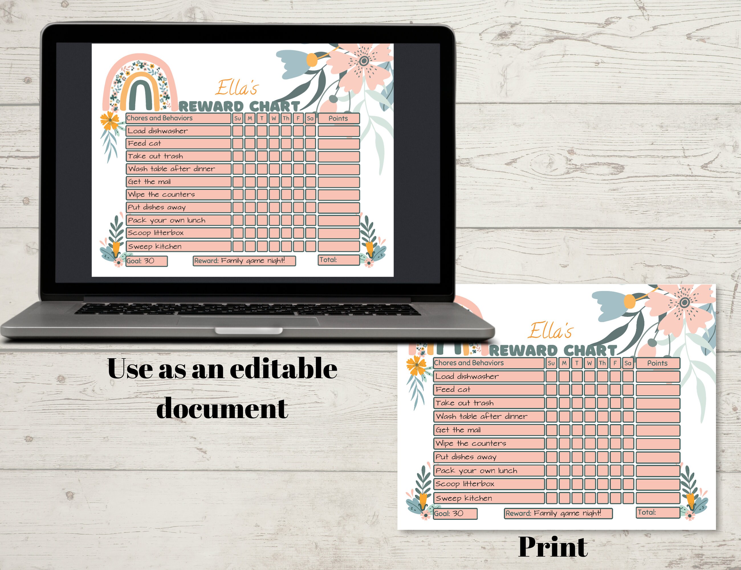 Reward Chart With Boho Rainbow Floral Theme | Editable Chore Chart for ...
