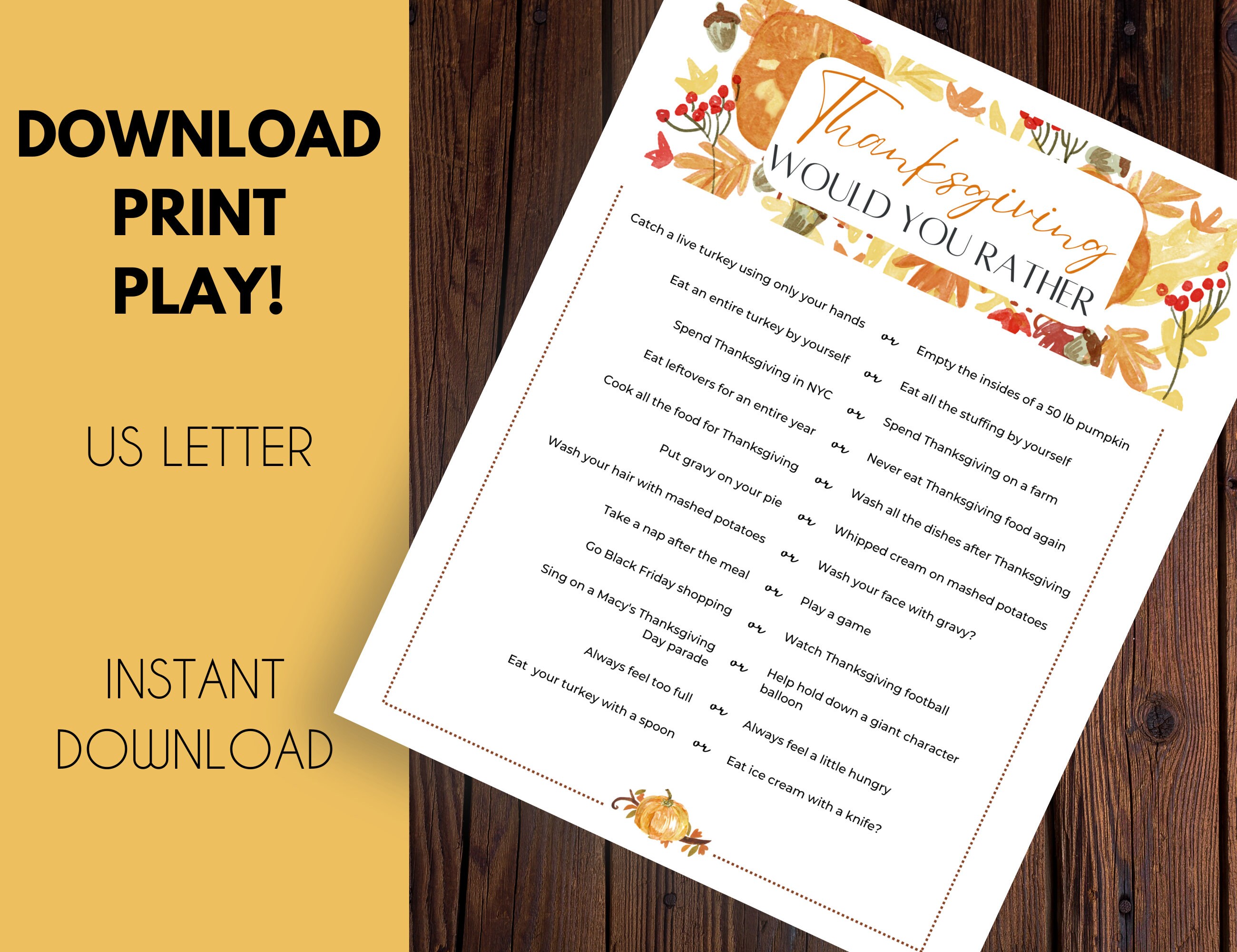 Would You Rather Thanksgiving Game | Thanksgiving Printable Games for ...