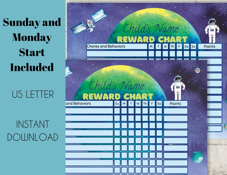 Reward Chart With Space Astronaut Theme Editable Chore Chart for Kids ...